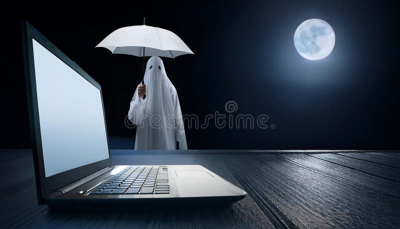 Ghost Holding an Umbrella Next To a Laptop with a Blank Screen Stock ...