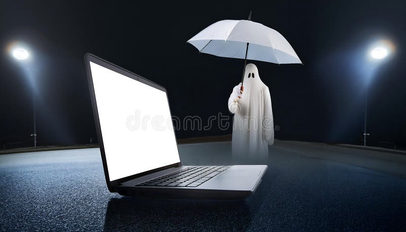 Ghost Holding an Umbrella Next To a Laptop with a Blank Screen Stock ...