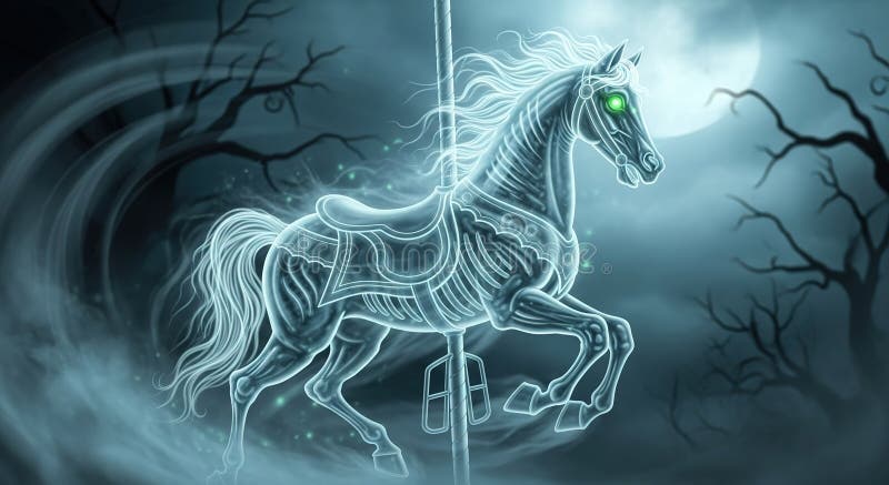 Ghost Horse Carousel Figure in a Spooky Forest Under a Full Moon. Stock ...