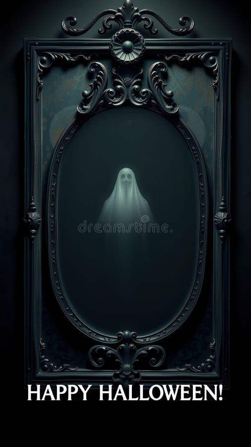 Ghost in Ornate Mirror with Text Happy Halloween! AI Generation Stock ...