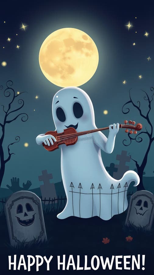Ghost Playing Violin in Cemetery, Text Happy Halloween . AI Generation ...