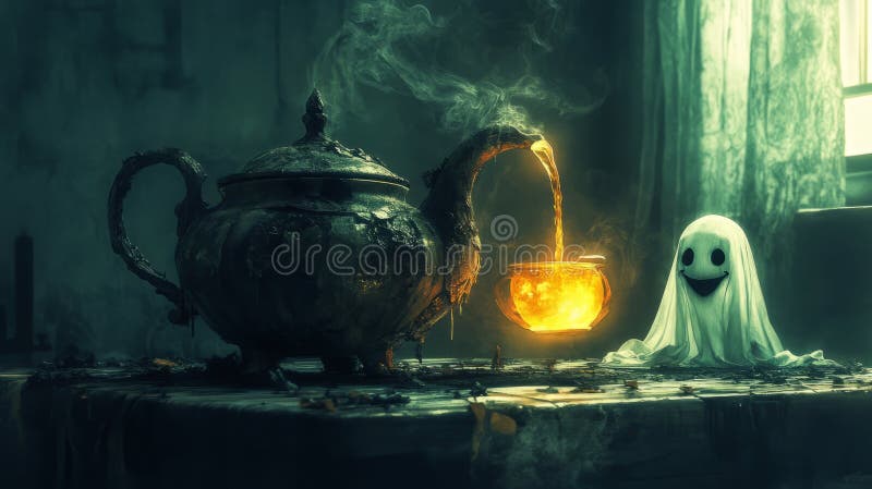 A Ghost is Pouring a Liquid into a Teapot Stock Illustration ...