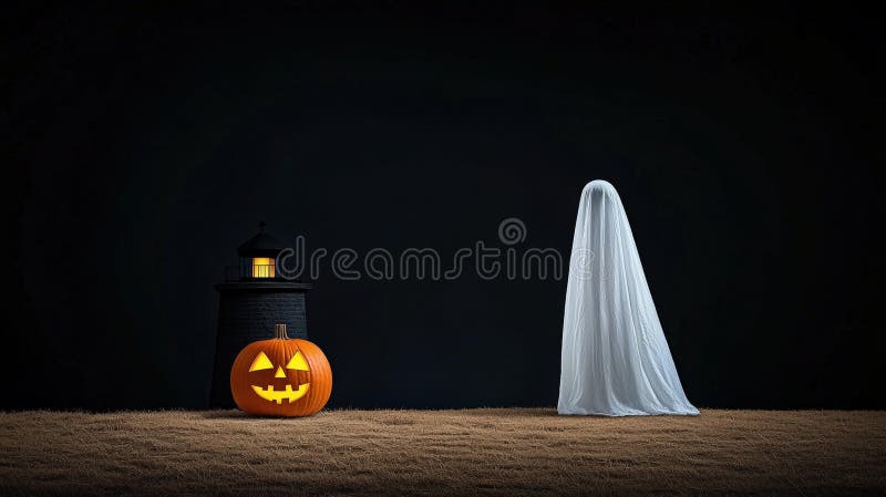 Ghost and Pumpkin with Lighthouse on Dark Background Halloween Theme ...