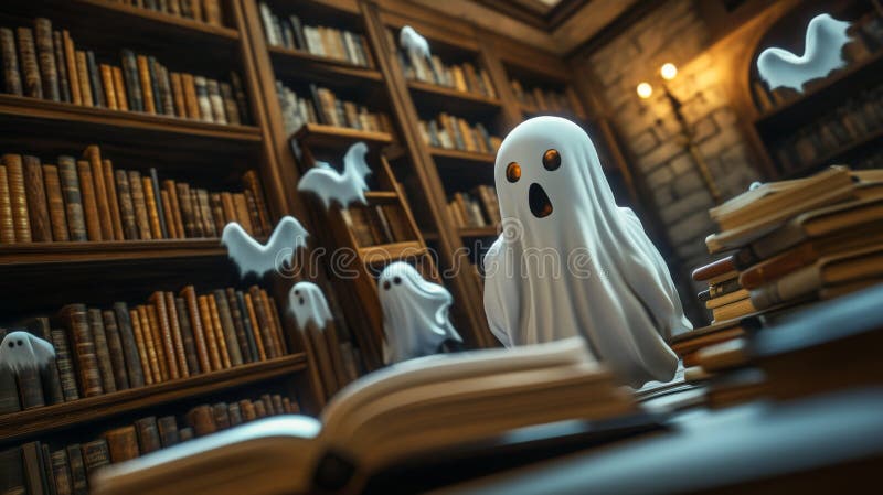 A Ghost Reads in a Haunted Library Stock Illustration - Illustration of ...