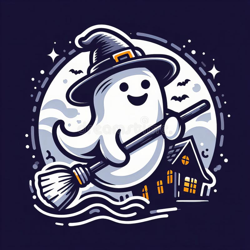 Ghost is Riding a Broomstick and Smiling Stock Image - Image of comic ...