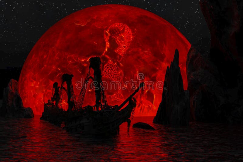 Ghost Sailboat at the Red Moon by Night Time with a Female Demon Stock ...