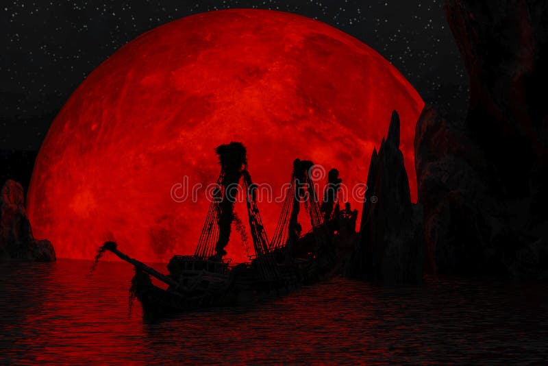 Ghost Sailboat at the Red Moon by Nighttime Stock Illustration ...