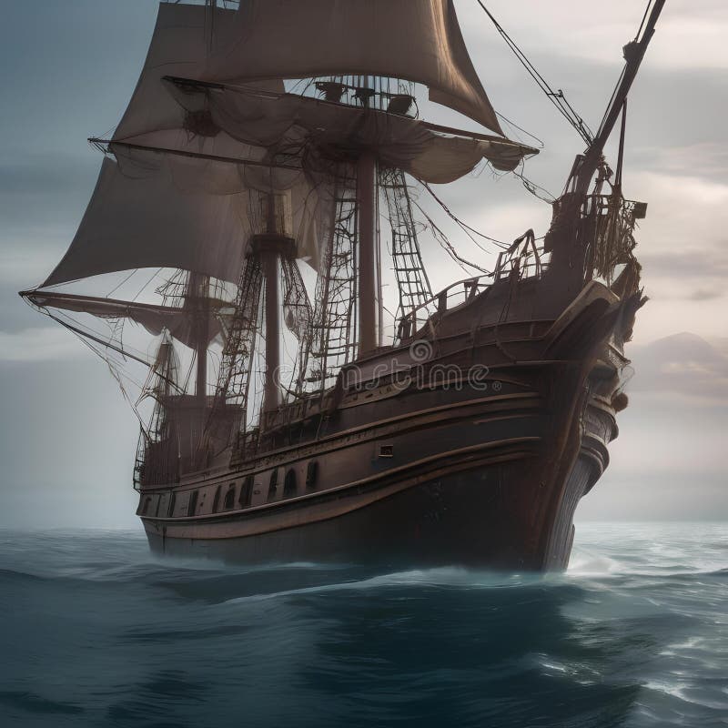 Ghost Ship, Abandoned Ship Floating on the Open Sea with Tattered Sails ...