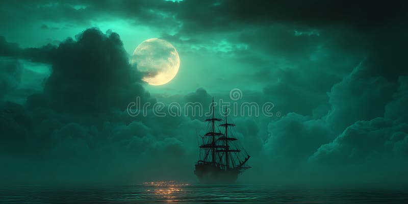 Ghost Ship at Night Dark Ocean Full Moon Stock Image - Image of digital ...