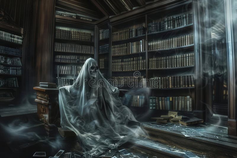 A Ghost Sits in a Library, Surrounded by Books. the Ghost is Wearing a ...