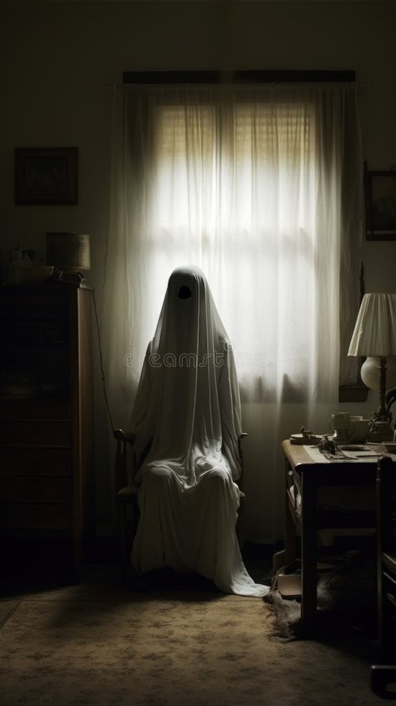 A Ghost Sitting in a Chair with Curtains, AI Stock Image - Image of ...