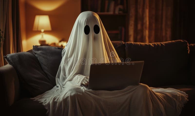 Ghost Sitting on Couch Using Laptop, Eerie Atmosphere, Dim Lighting ...