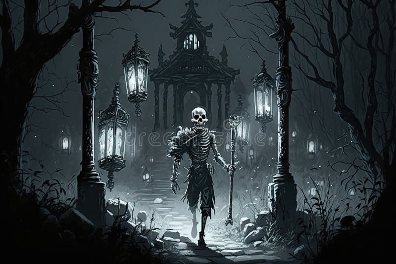 Ghost Skeleton Carrying Lantern, Walking through Dark and Eerie ...
