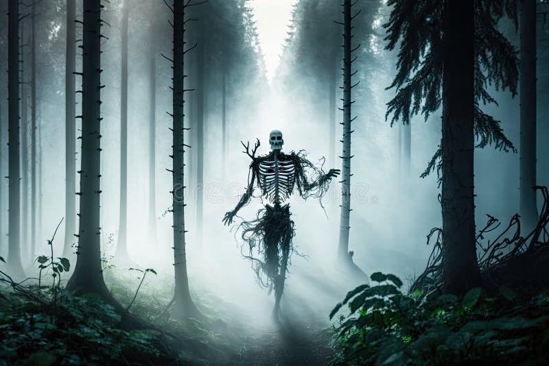 Ghost Skeleton Floating through Forest, with the Trees and Mist in the ...