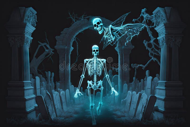 Ghost Skeleton Floating through Haunted Graveyard, Surrounded by ...