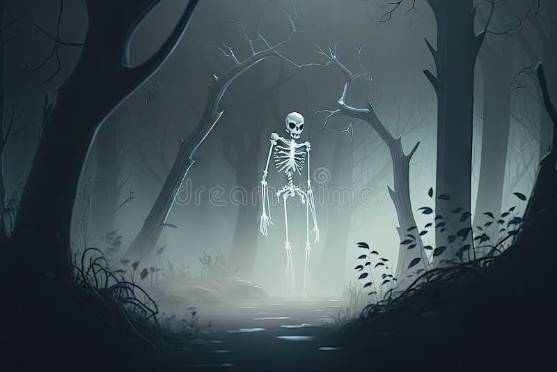 Ghost Skeleton Floating through Misty Forest, with Ominous Shapes ...