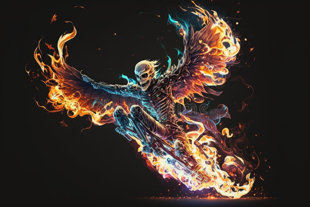 Ghost Skeleton Flying through the Air, Surrounded by Flames Stock ...