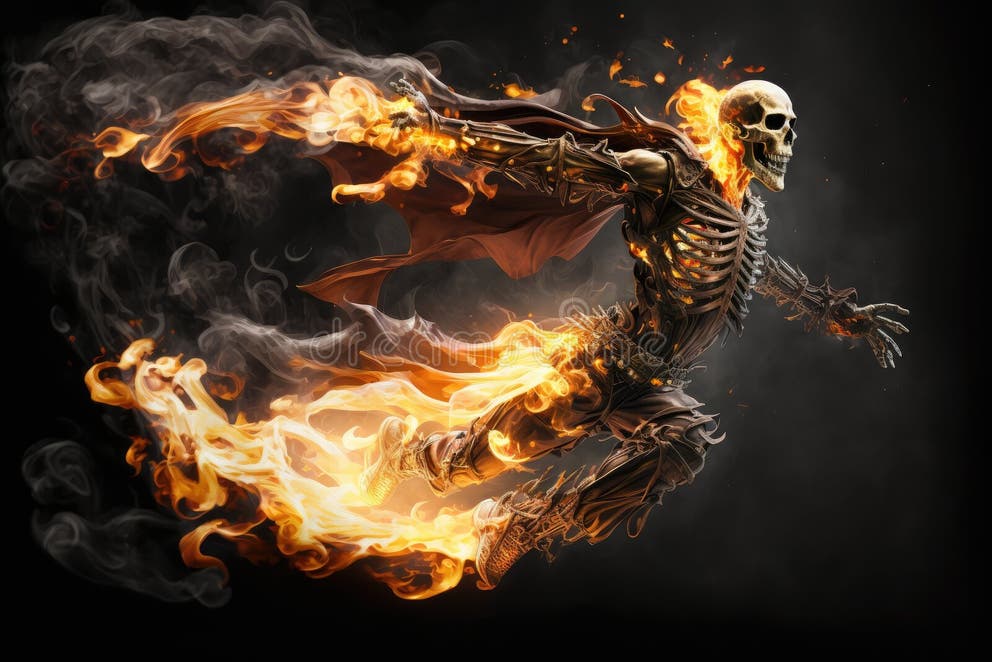 Ghost Skeleton Flying through the Air, Surrounded by Flames Stock ...