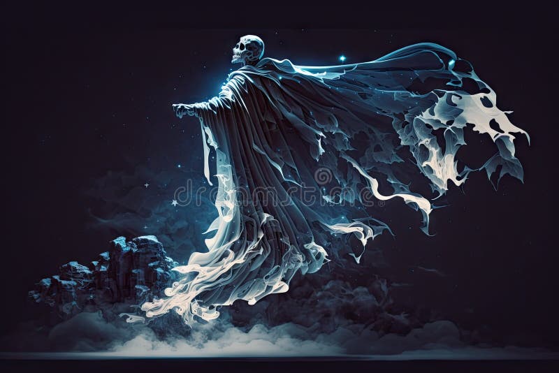 Ghost Skeleton Flying through the Night Sky, Its Cloak Fluttering in ...