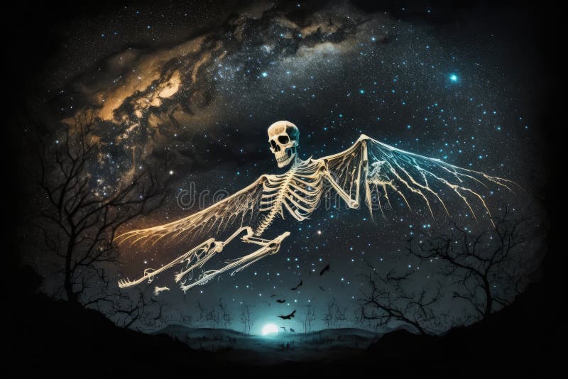 Ghost Skeleton Flying through the Night Sky, Surrounded by Starry Skies ...