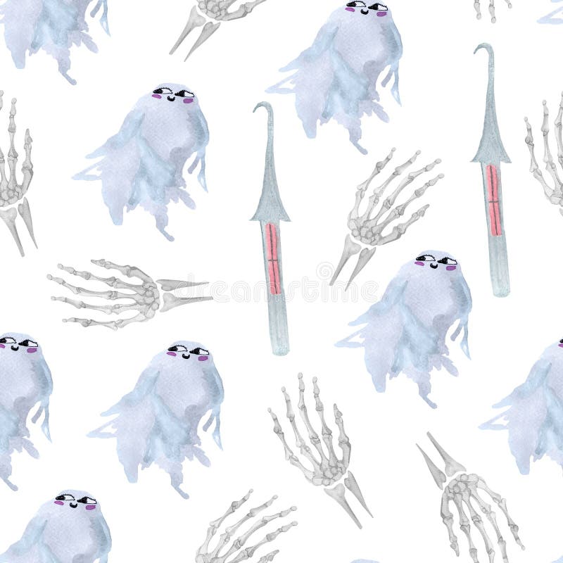 Ghost and Skeleton Hand Watercolor Seamless Pattern Stock Illustration ...