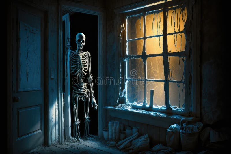 Ghost Skeleton, Hiding in the Shadows, in Spooky Old House Stock ...