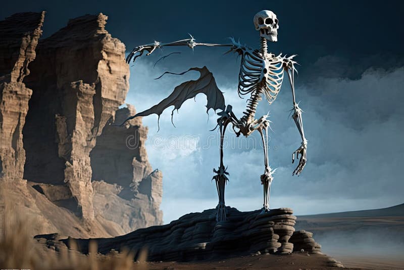 Ghost Skeleton Standing on Cliff Edge, with the Wind Blowing through ...