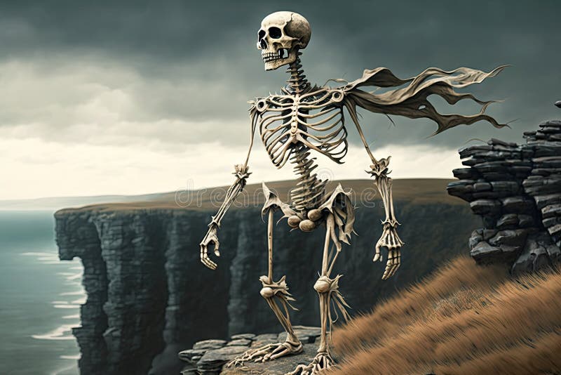 Ghost Skeleton Standing on Cliff Edge, with the Wind Blowing through ...