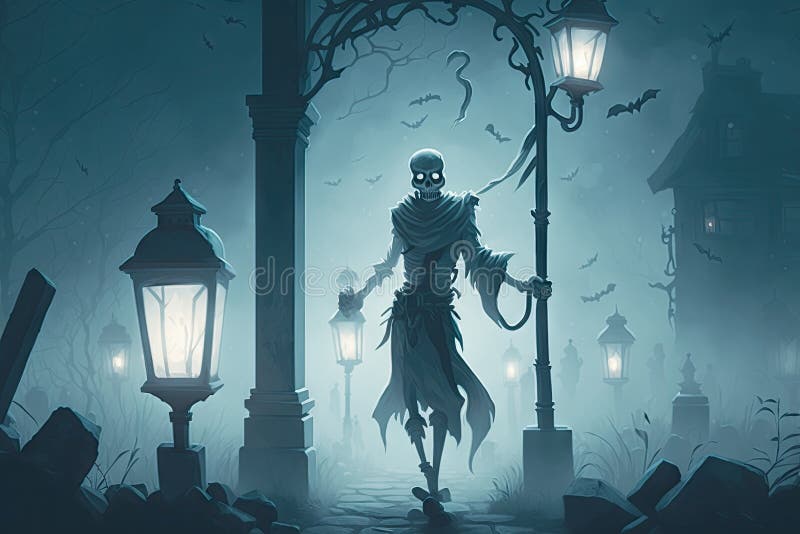 Ghost Skeleton Walking through Misty Graveyard, with Lantern in Hand ...