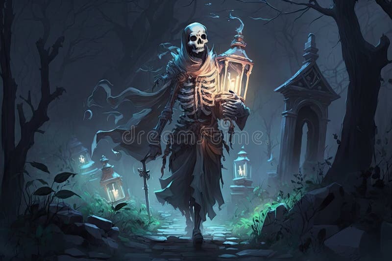 Ghost Skeleton, Wrapped in Shroud and Carrying Lantern, Moving through ...