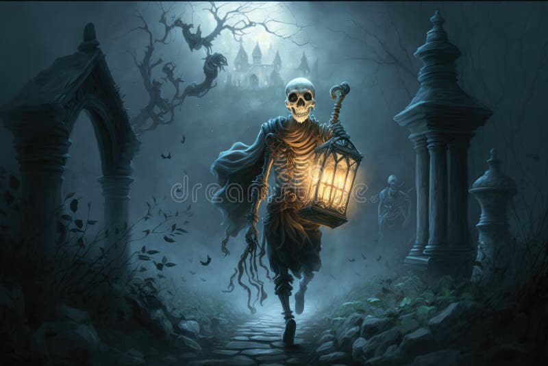 Ghost Skeleton, Wrapped in Shroud and Carrying Lantern, Moving through ...