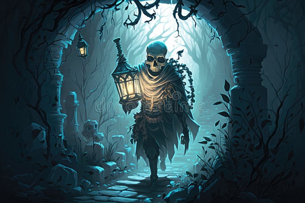 Ghost Skeleton, Wrapped in Shroud and Carrying Lantern, Moving through ...