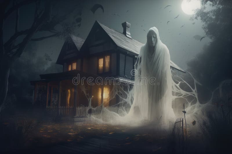 A Ghost Standing Infront of a House Under a Full Moon. Created with ...
