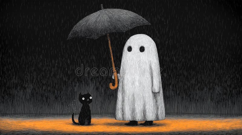 A Ghost Under a Dark Umbrella with a Small Black Cat, in the Rain ...