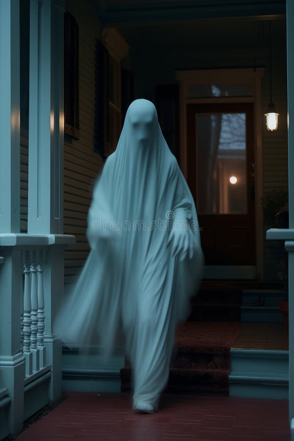A Ghost is Walking Down the Steps of a House Stock Illustration ...
