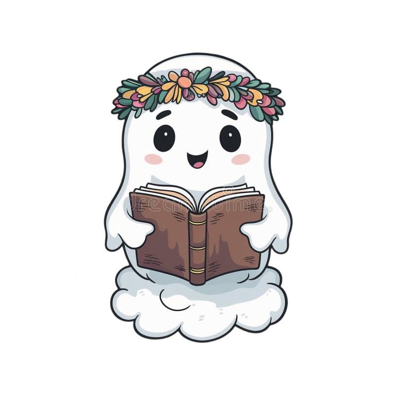 A Ghost Wearing a Colorful Leaf Crown is Holding an Open Book Stock ...