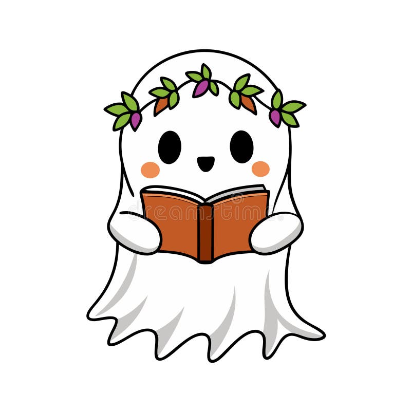 A Ghost Wearing a Colorful Leaf Crown is Holding an Open Book Stock ...