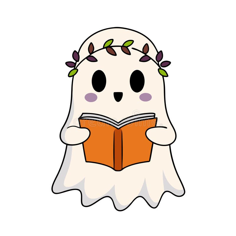 A Ghost Wearing a Colorful Leaf Crown is Holding an Open Book Stock ...