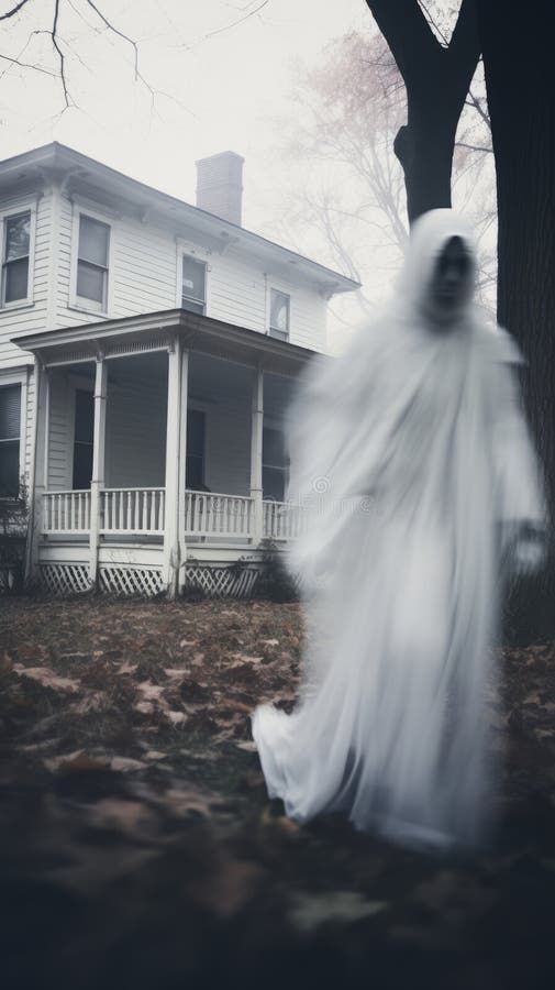 A Ghost in a White Robe is Walking in Front of a House Stock ...