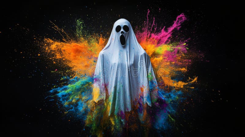 Ghost in White Sheet Surrounded by Colorful Powder Explosion, Dramatic ...