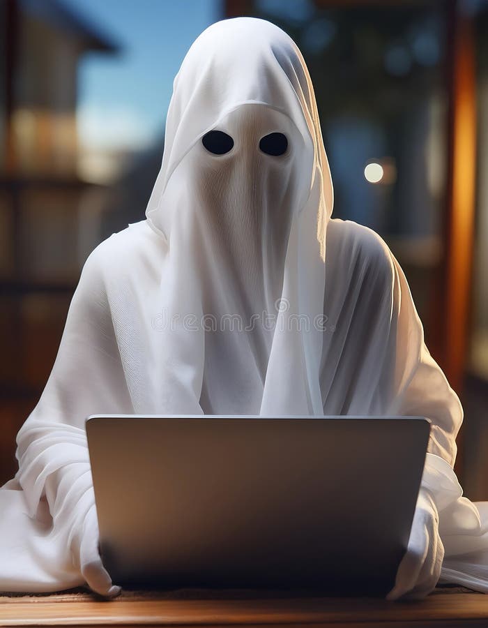 A Ghost in a White Sheet is Using a Laptop Stock Illustration ...
