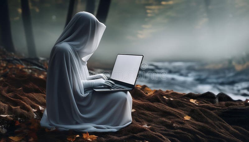 A Ghost in a White Sheet is Using a Laptop Stock Illustration ...