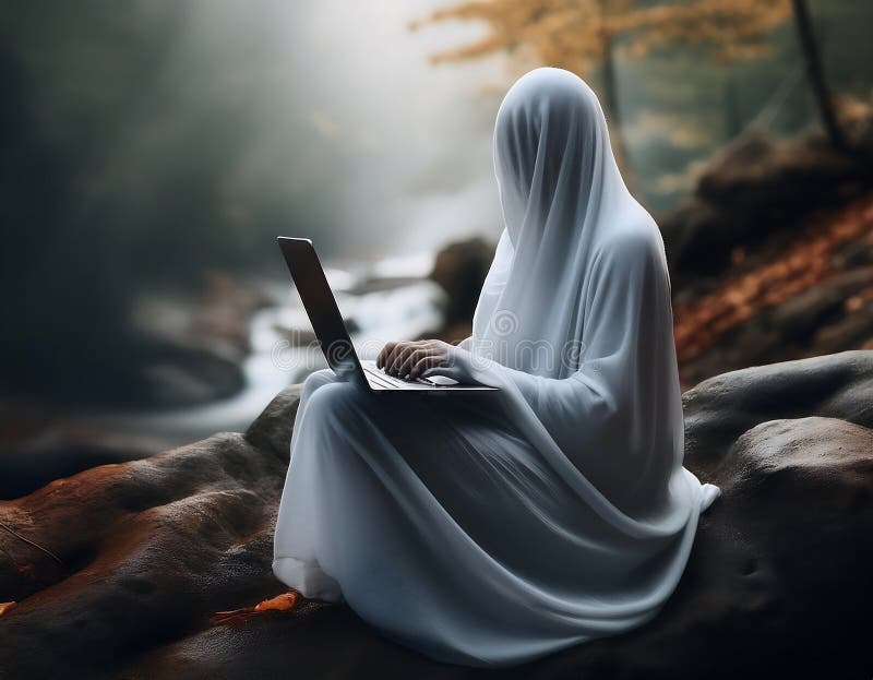 A Ghost in a White Sheet is Using a Laptop Stock Illustration ...