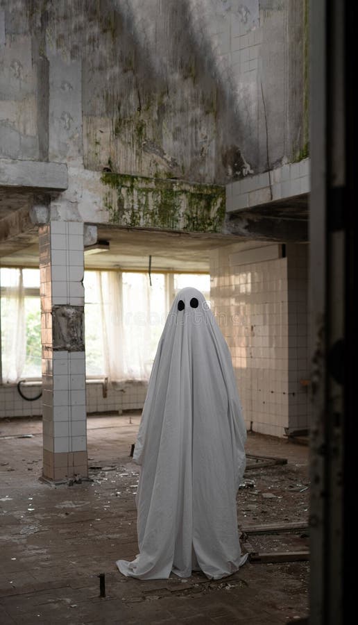Ghost in a White Sheet Walking through an Abandoned Building Stock ...