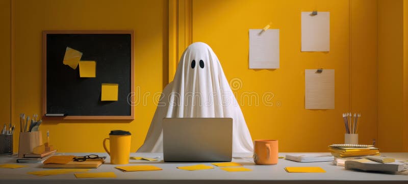 The Ghost Working at a Yellow-themed Modern Desk with Laptop and ...