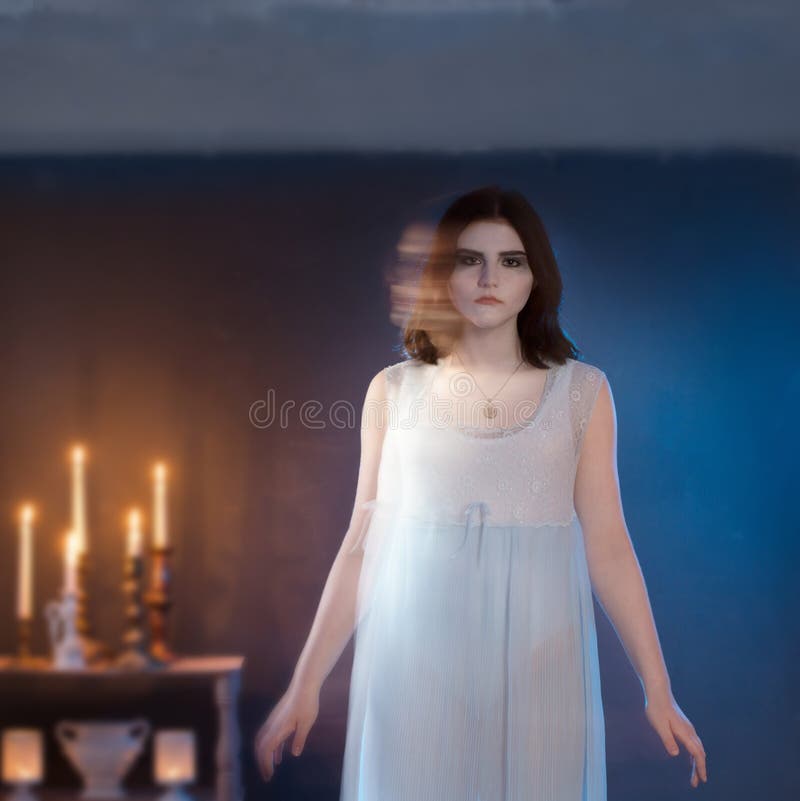 Ghost of Young Girl on Blue Background Stock Photo - Image of black ...