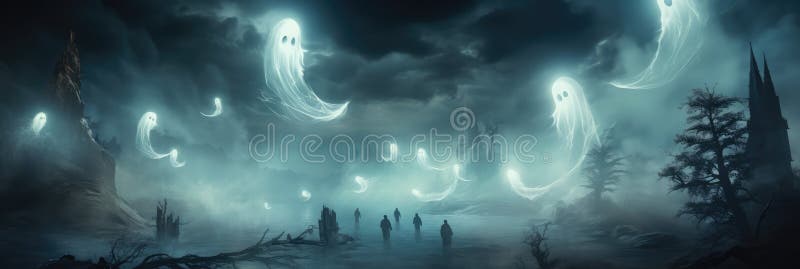 Ghostly Apparitions Floating in the Night Sky Halloween Stock ...