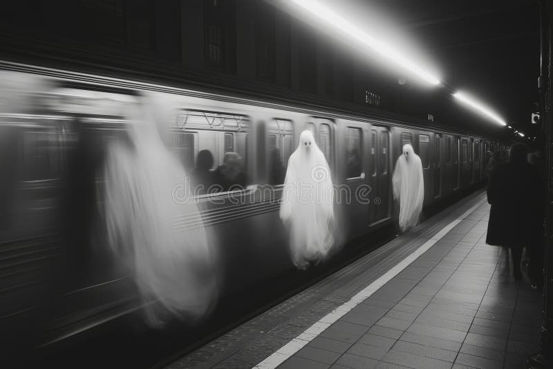 Ghostly Apparitions Glide Out of a Subway Train at a Dimly Lit Station ...