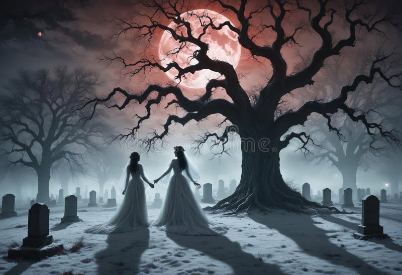 A Ghostly Bride and Groom in a Moonlit Graveyard Stock Illustration ...