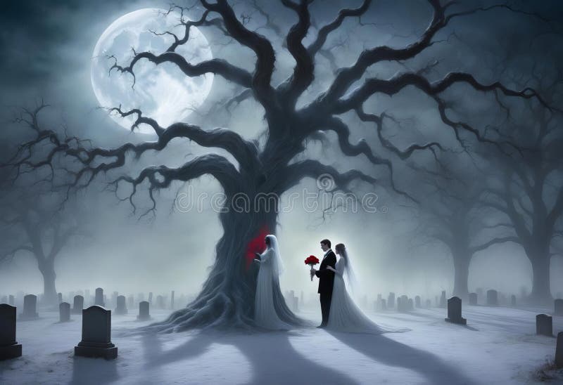 A Ghostly Bride and Groom in a Moonlit Graveyard Stock Illustration ...
